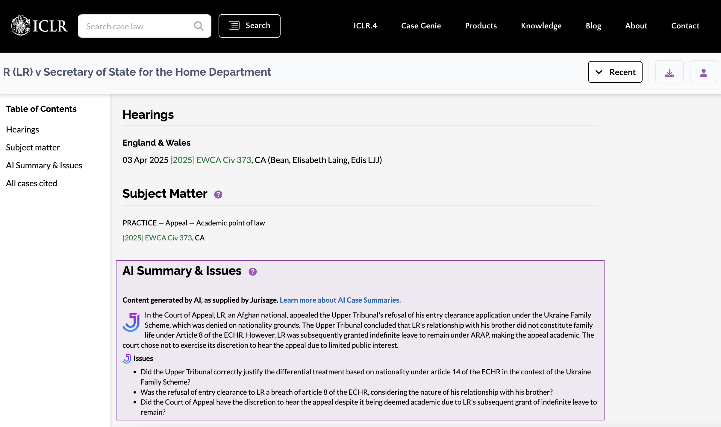 New on ICLR: AI summaries on Case Info pages - ICLR